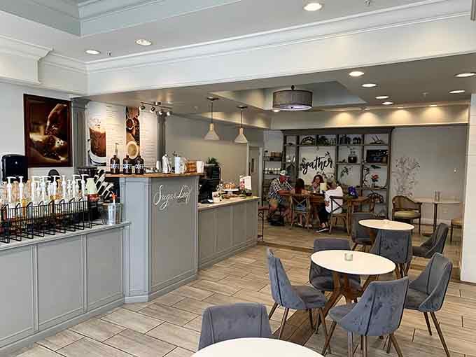 The modern side features sleek furniture and a "gather" sign, perfect for Instagram and actual human connection.