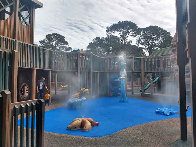 The splash pad area offers blessed relief from Florida heat, turning screaming children into giggling, soaked bundles of joy.