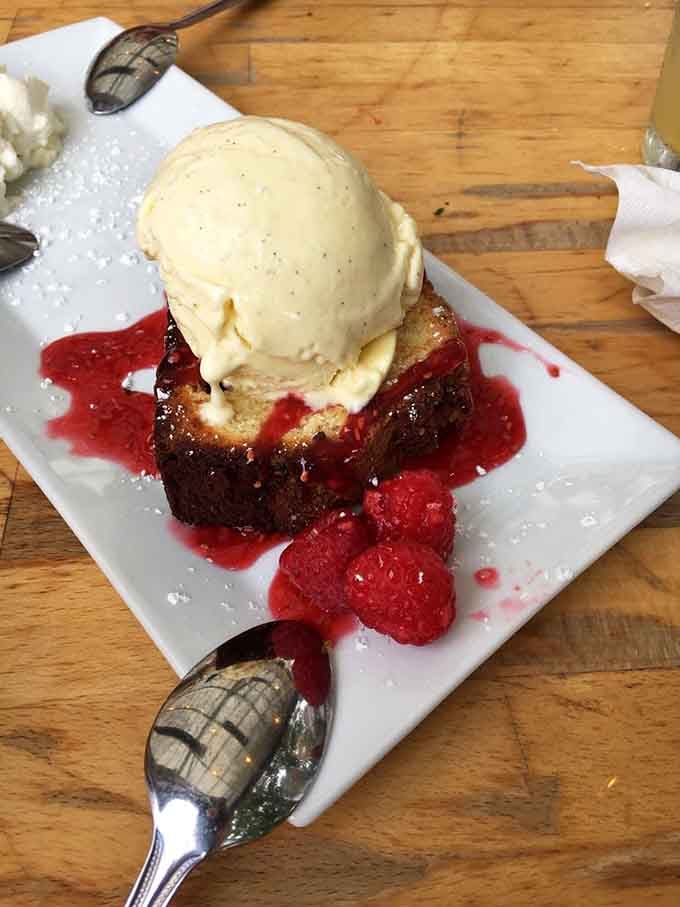 Peach pound cake with ice cream and raspberry sauce, because dessert for breakfast is actually just advanced meal planning.