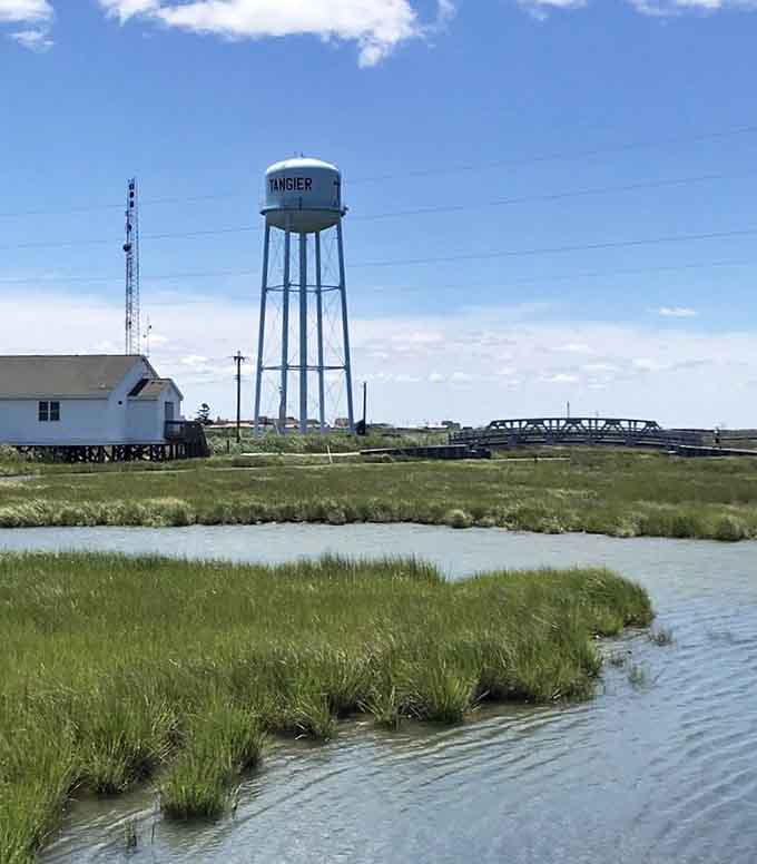 The water tower stands tall, a beacon proving that even tiny islands need to stay hydrated and proud.