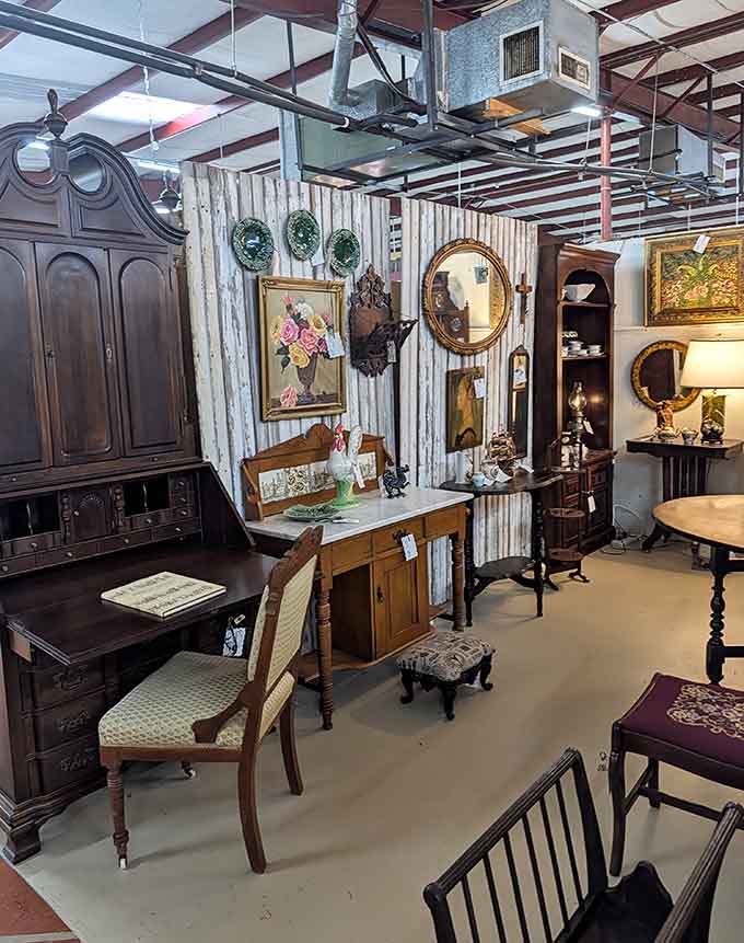 Corrugated metal walls and vintage mirrors create vignettes that interior designers would charge thousands to recreate in your actual home.