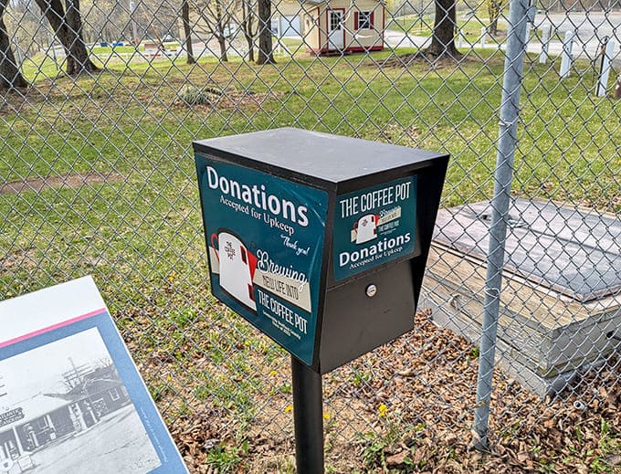 Even the donation box gets in on the coffee theme, because consistency matters in roadside architecture.