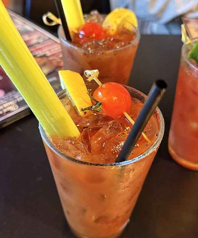 A Bloody Mary garnished like it's preparing for battle—breakfast cocktails should always come armed and ready.