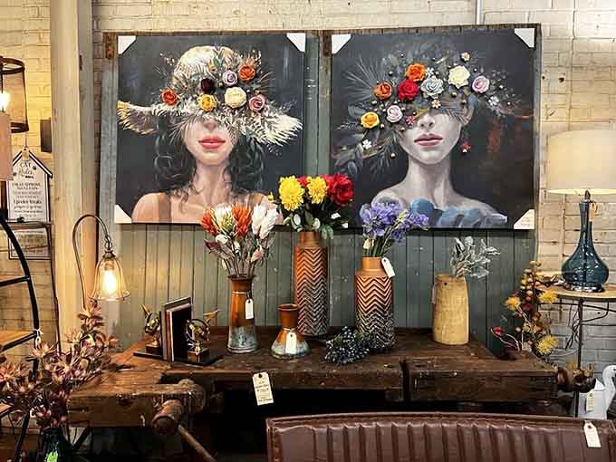 Rustic wood meets contemporary art in a display that proves old and new can coexist in stunning harmony.