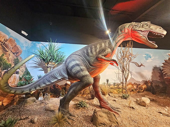 This allosaurus looks hungry enough to eat your road trip snacks, teeth bared in prehistoric glory for maximum effect.