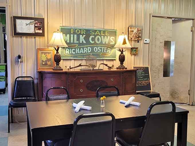 Vintage signs and antique furniture create an atmosphere that's equal parts nostalgic and inviting to everyone.