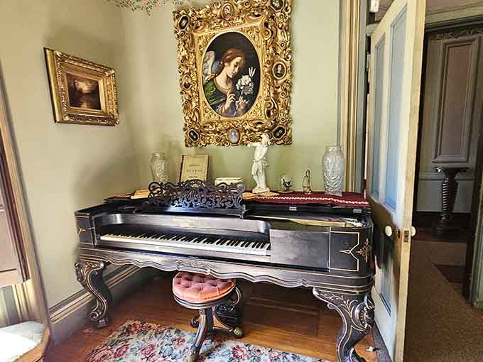 This ornate piano has witnessed countless melodies in a room designed for refined Victorian entertainment.