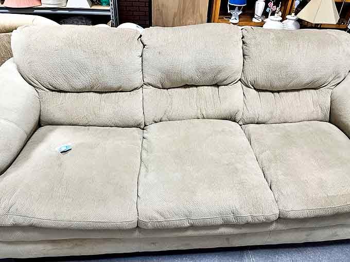 This sofa has stories to tell. With a little TLC, this comfortable three-seater could be the centerpiece of your living room redesign project.
