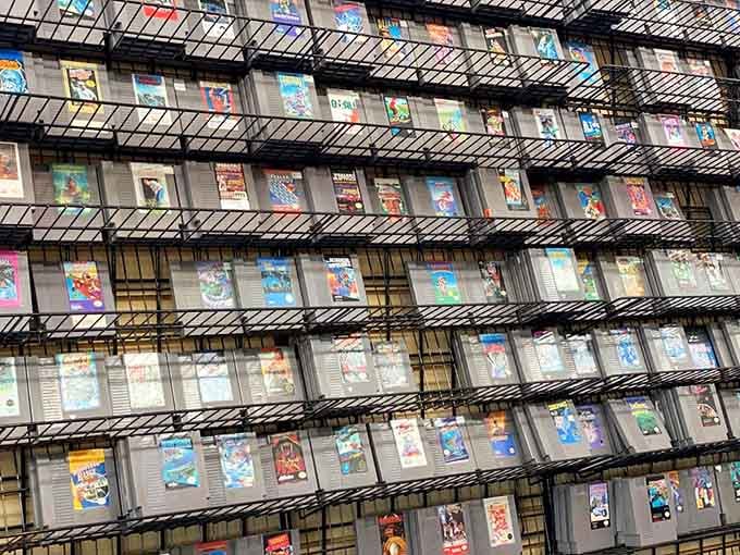 Classic Nintendo cartridges line up like soldiers, transporting nostalgic gamers back to simpler times of 8-bit glory and fun.