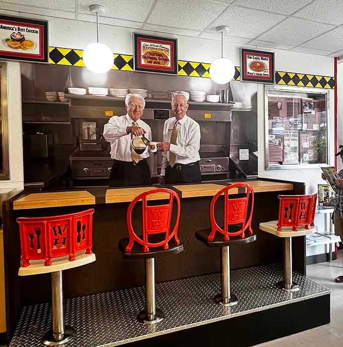 The wall of waffle fame showcases vintage advertisements that promised America exactly what it needed: good food, fast.