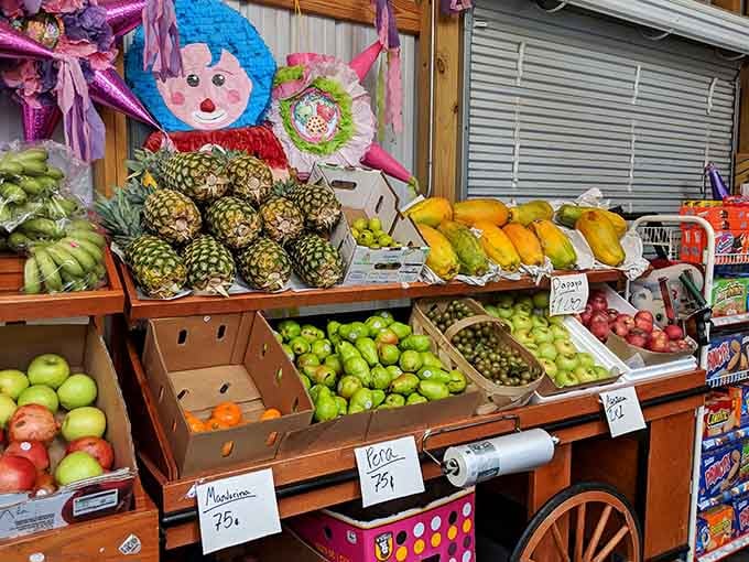 Fresh produce guarded by a cheerful character reminds you that practical shopping and whimsy can absolutely coexist here beautifully.