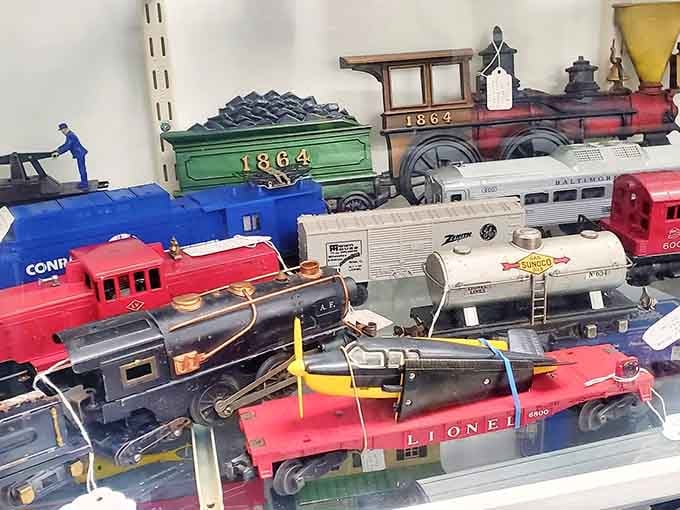 Model trains lined up like a miniature history lesson on rails, each one a collectible piece of Americana.