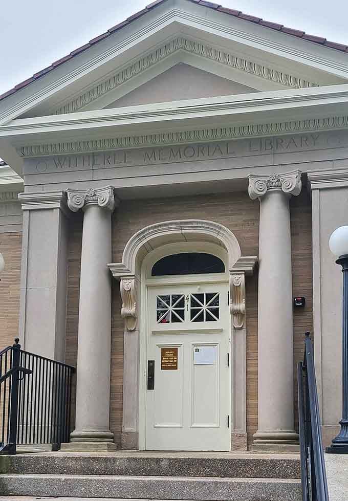 The Witherle Memorial Library's classical columns and grand entrance suggest that in Castine, even the pursuit of knowledge deserves architectural splendor.