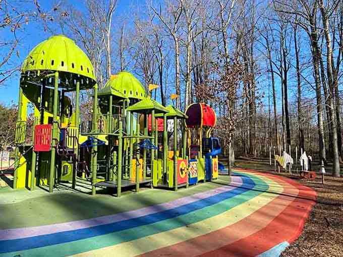 This emerald-hued play structure towers over the playground like the Emerald City itself, minus the humbug wizard.