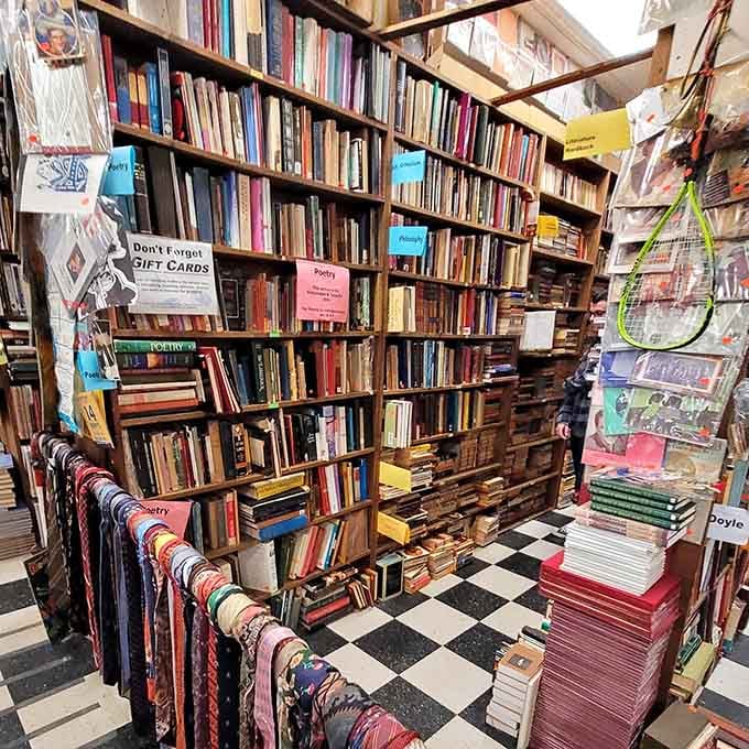 Poetry lovers find sanctuary here among leather-bound volumes and contemporary collections sharing precious shelf space together.