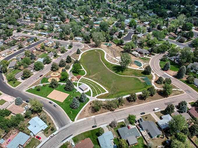 Neighborhood parks like this create breathing room between houses, offering that perfect balance of privacy and community that suburbs dream about.