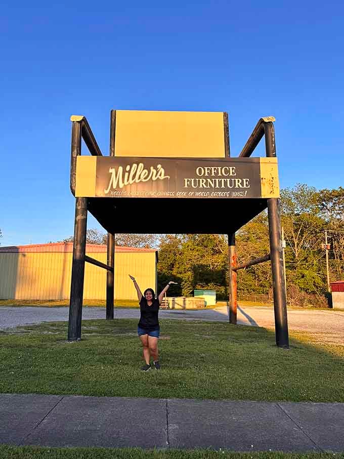 Golden hour lighting transforms this quirky roadside stop into something almost majestic, if furniture can be majestic.