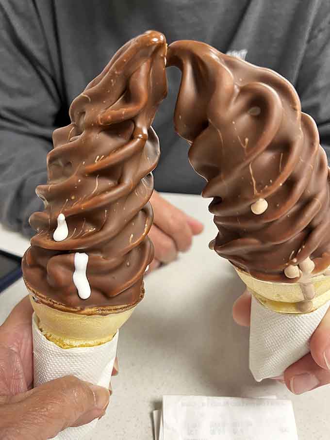 Two chocolate dipped cones standing at attention, ready to make your day significantly better than it was.