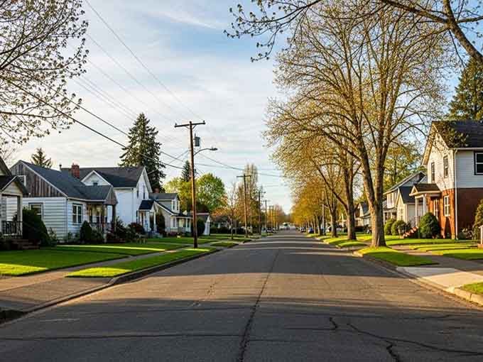 Golden hour bathes tree-lined streets in warm light, creating scenes that remind you why front porches were invented.