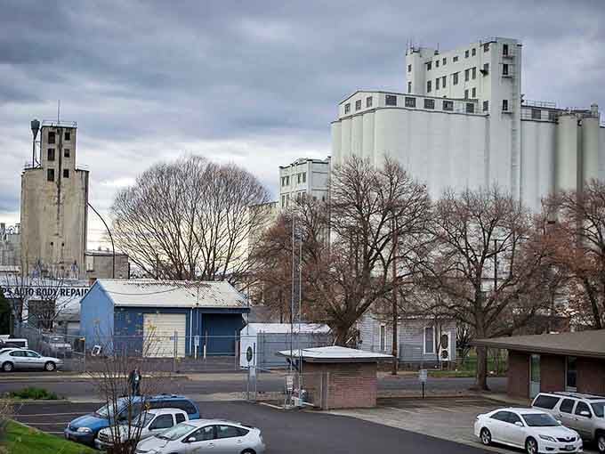 Industrial meets agricultural in Pendleton's skyline. Those grain elevators aren't just functional&mdash;they're monuments to the region's agricultural heritage.