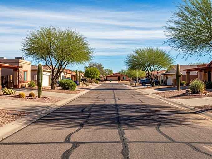 Desert landscaping meets suburban planning in Florence's residential areas, where palo verde trees cast delicate shadows across meticulously maintained streets.
