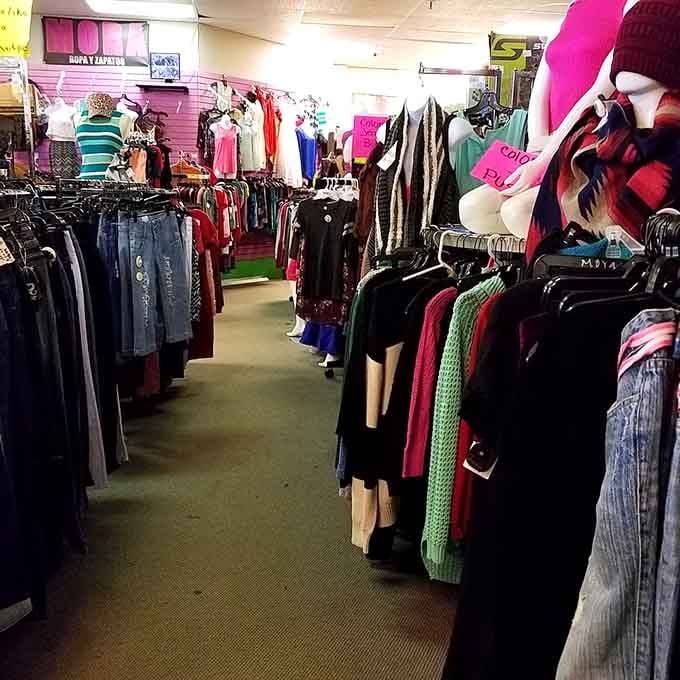 Racks upon racks of clothing where vintage finds and modern pieces coexist in perfect bargain-hunting harmony.