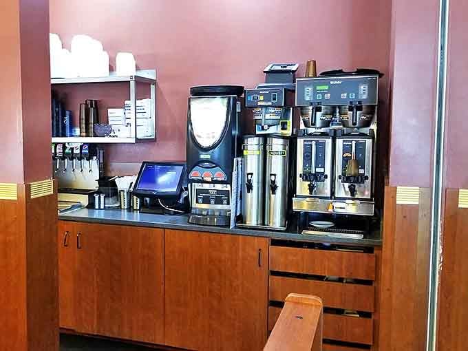 The coffee station stands ready for battle, prepared to caffeinate Lancaster County one mug at a time.