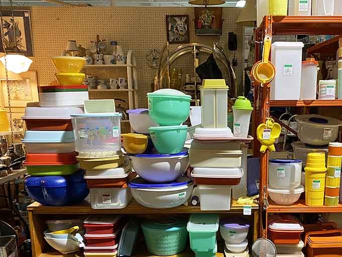 Tupperware in colors not seen since The Brady Bunch was on primetime. That mint green bowl has hosted more potluck salads than you can imagine.