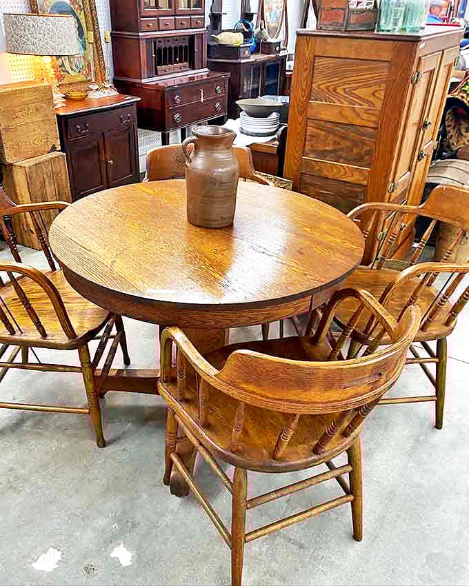 This oak dining set has hosted countless family dinners since the Truman administration. If furniture could talk, we'd need to cover the children's ears.