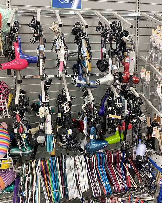 Hair dryer or modern art? The electronics wall presents a fascinating timeline of our evolving relationship with personal grooming technology.