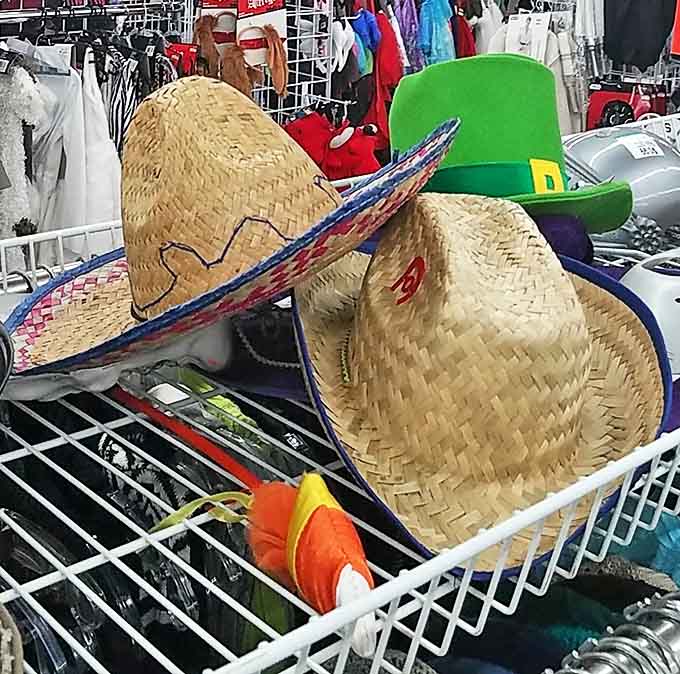 Straw sombreros and festive hats stand ready for your next costume party or that spontaneous decision to become "hat person."