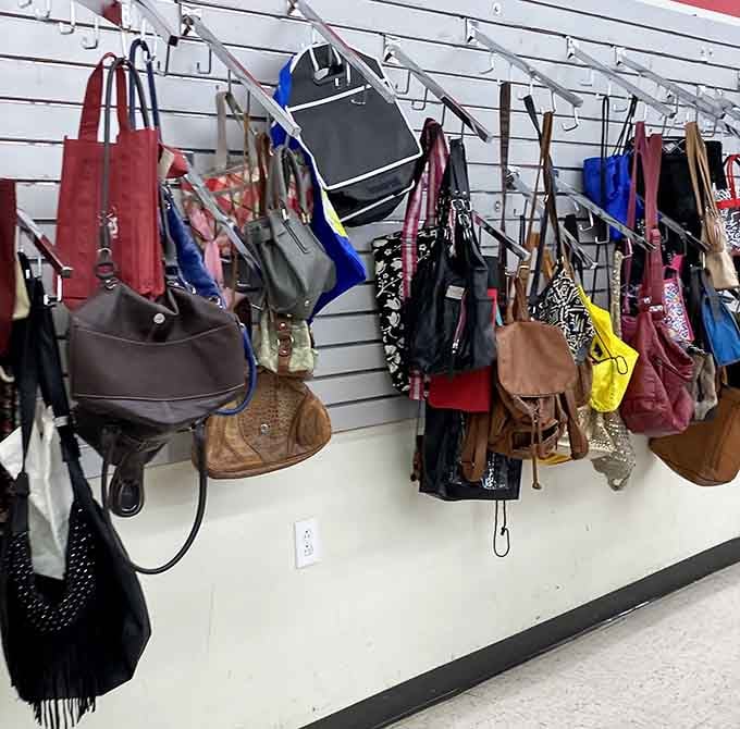 Handbag heaven for the accessory enthusiast. That brown leather satchel in the middle has probably been eyed by a dozen shoppers already today.