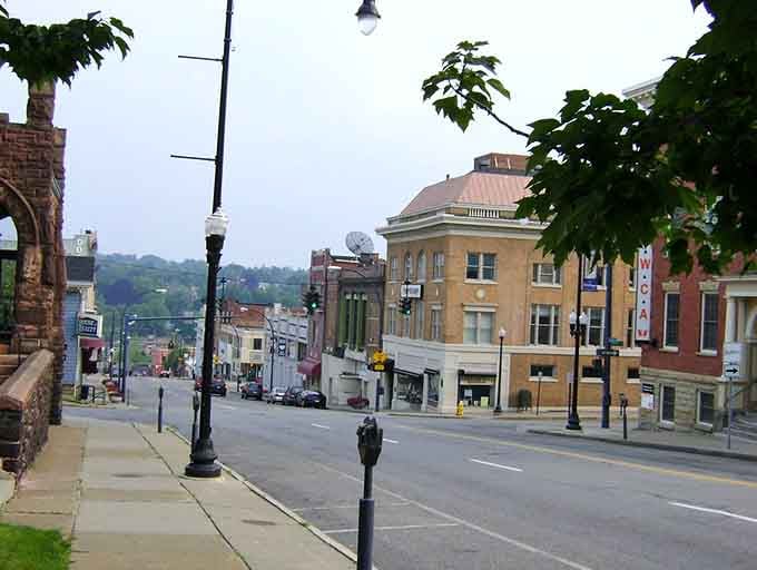 Jamestown's downtown reveals itself as you descend the hill, a picturesque collection of historic buildings nestled against the region's rolling landscape.