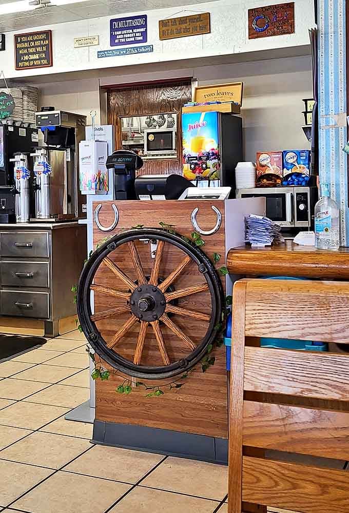 The wagon wheel adds that perfect touch of Western charm, like the restaurant is saying, "Yes, we've been here since horses were the main transportation."