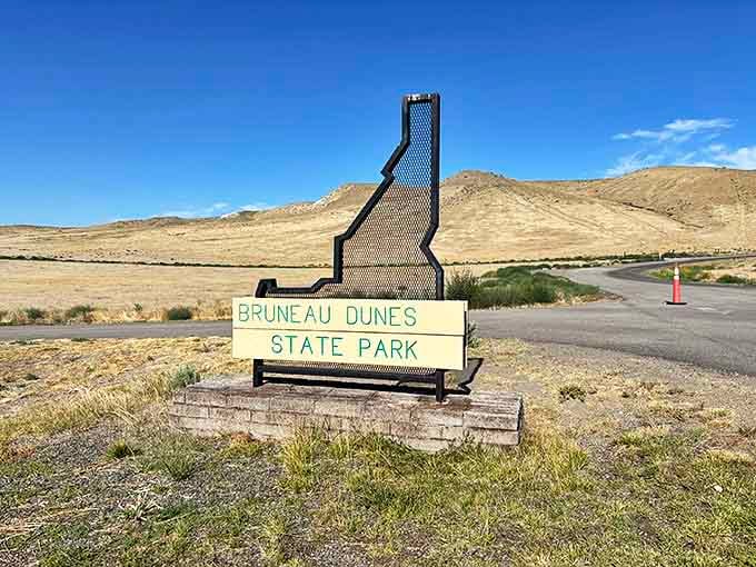 Idaho's outline never looked so good. This entrance sign stands like a sentinel, guarding some of the state's most unusual natural wonders.
