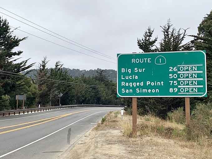Road signs promising Big Sur and beyond&mdash;like a menu where every option is the chef's special.