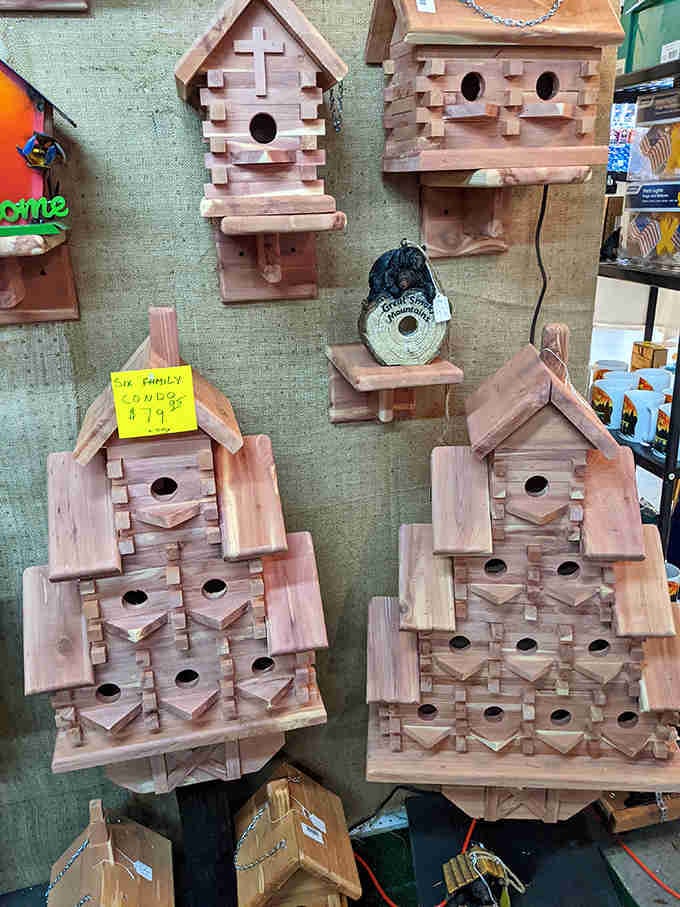 Birdhouse condominiums! These multi-family wooden dwellings offer luxury accommodations for the discerning feathered homeowner.