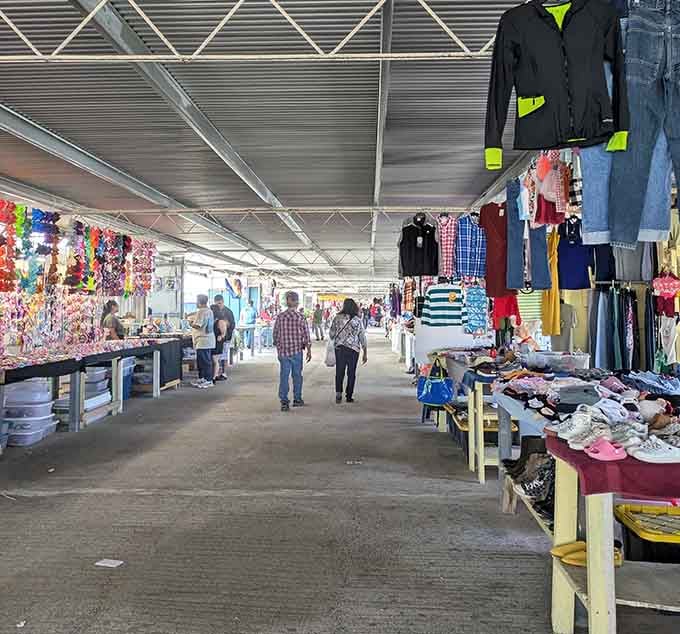 Hanging clothes and jewelry displays create vertical shopping opportunities—every inch of space holds potential treasures waiting to be discovered.