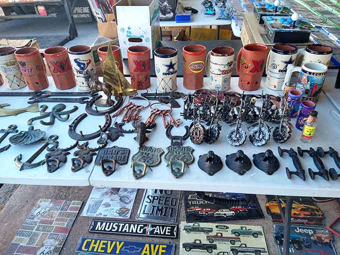 Vintage oil cans and metal signs transport car enthusiasts back to when gas stations were neighborhood gathering spots.