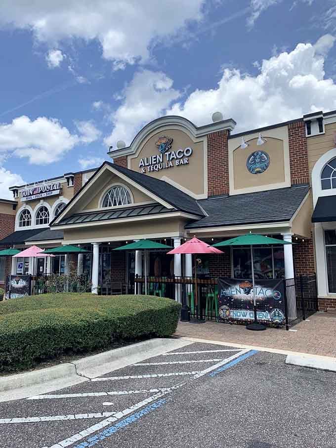 That alien signage promises an otherworldly dining experience, though the tacos are refreshingly down-to-earth and delicious.