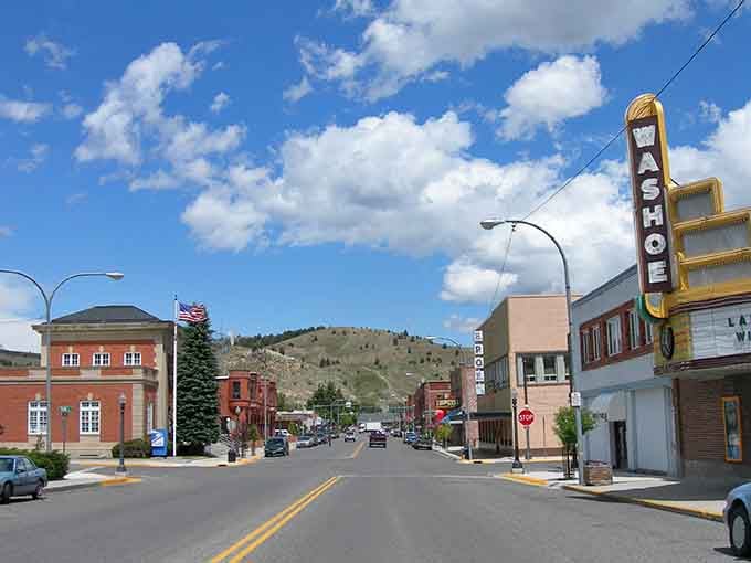 Anaconda's main street stretches toward the mountains, blending the town's copper mining heritage with modern small-town Montana charm today.