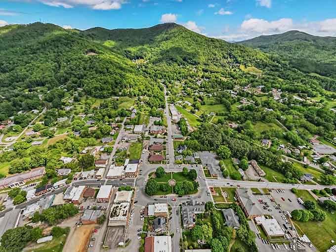 Burnsville from above looks like someone scattered a toy village among nature's playground, with mountains embracing the town from all sides.
