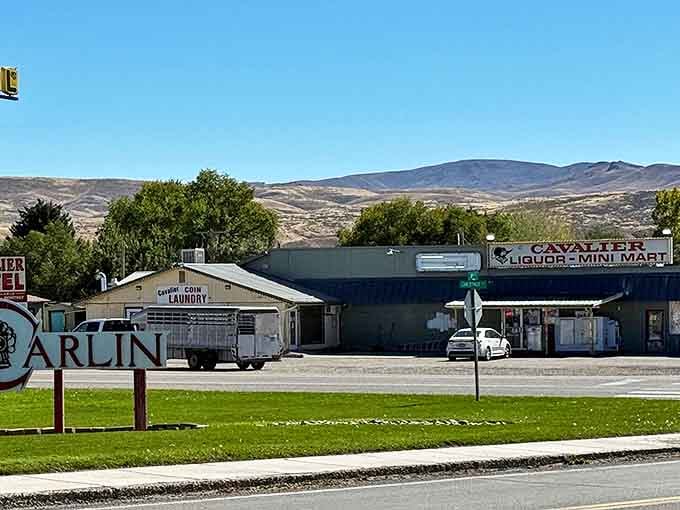 Carlin's main street features practical businesses like laundromats and mini-marts with reasonable prices for everyday needs.