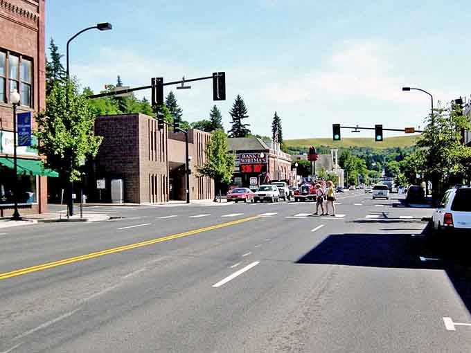 Rolling Palouse hills frame this main street where the pace is slower and people still wave from their cars.