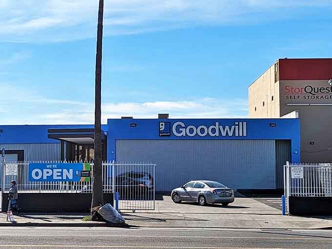 Goodwill's iconic blue signage against a clear Los Angeles sky &ndash; as recognizable to thrifters as golden arches are to fast food fans.