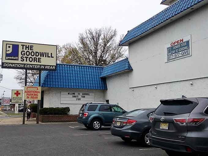 The distinctive blue pagoda roof makes this Goodwill location look like a temple dedicated to the ancient art of smart shopping.