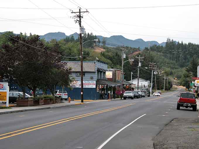 Mountains provide a dramatic backdrop while this small town goes about its business with quiet, confident charm.
