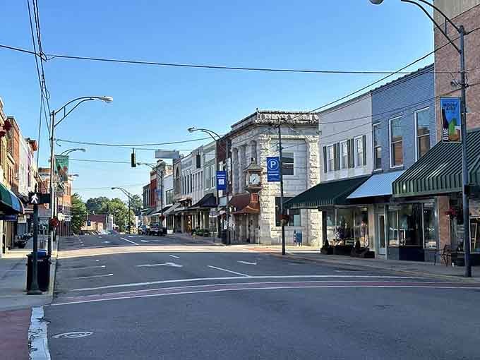 Classic Main Street architecture stands ready for another day of welcoming visitors to discover small-town magic and Southern hospitality.