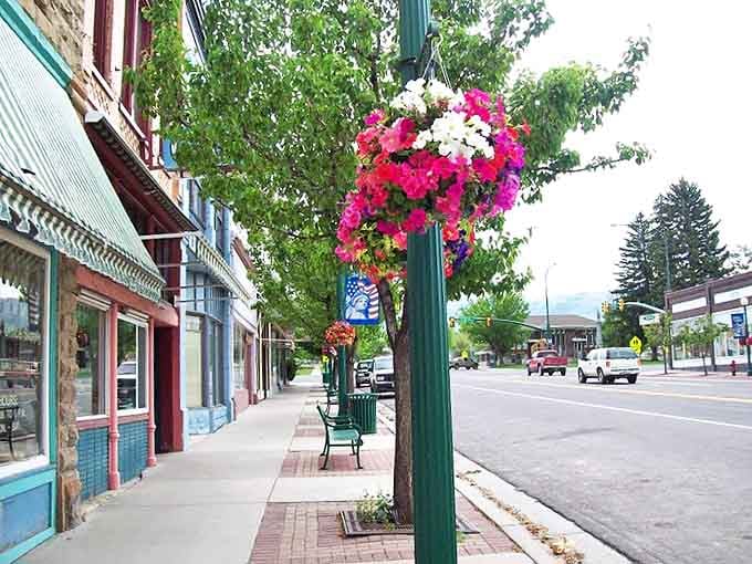 Hanging flower baskets add cheerful color to sidewalks where window shopping costs nothing but brings genuine joy.