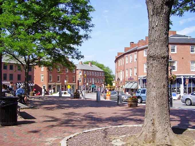 Shade trees frame this historic square where locals still gather, proving some town centers never go out of style or charm.
